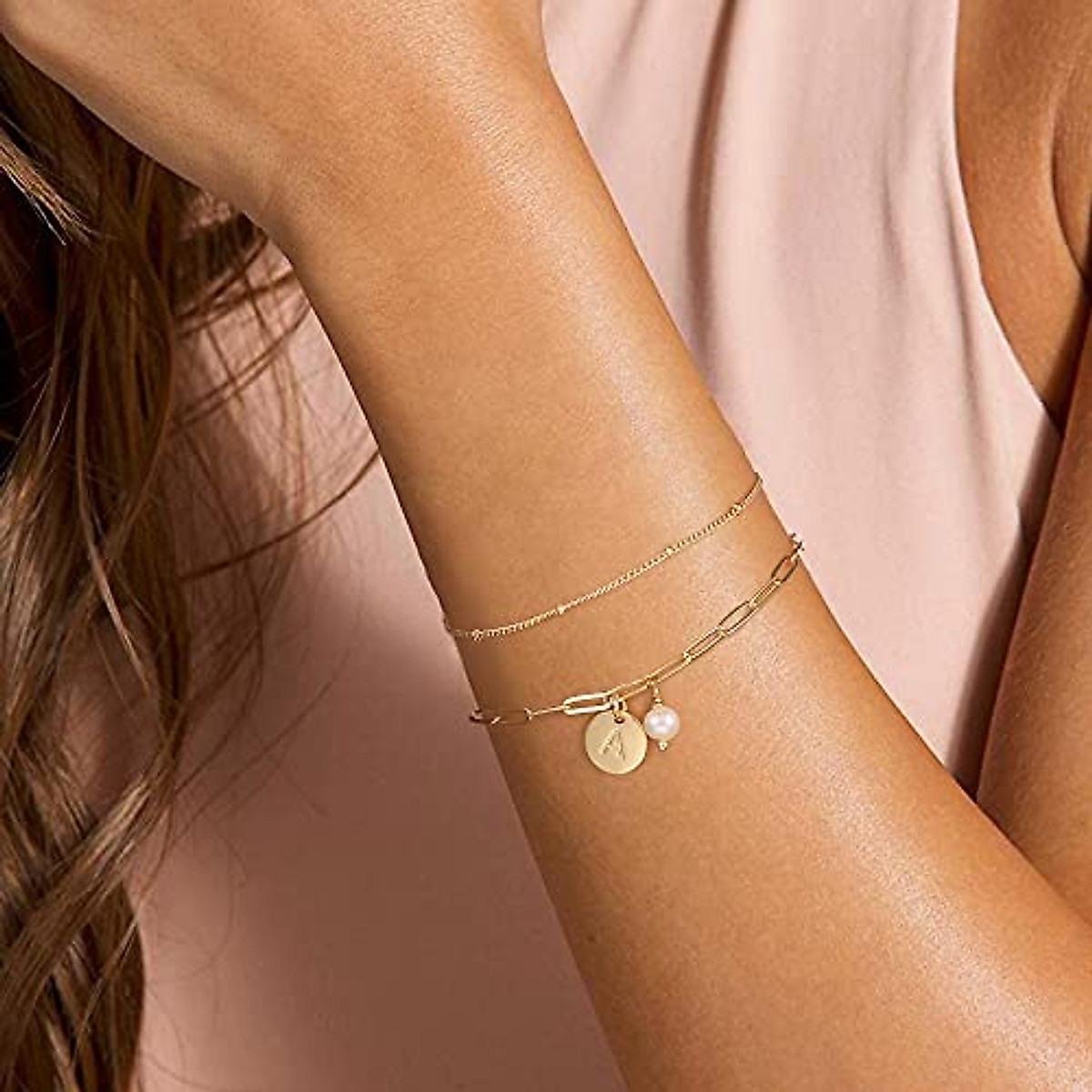 Gold Pearl Initial Bracelets for Women, 14K Gold Plated Layered Letter C Initial Bracelet Dainty Bead Charm Bracelets for Women Valentines Mother's Day Christmas Gifts for Women Gold Jewelry