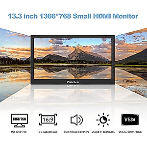 Pisichen Portable Small Monitor 13.3 inch Mini HDMI Monitor 1366x768 LED Monitor, HDMI/VGA/USB/AV/BNC Input for PC Computer Laptop PS4 Xbox Ras Pi, Wall Mountable, Built-in Speakers