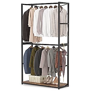 Tribesigns Free Standing Closet Organizer, Garment Clothes Racks with Storage Shelf and Double Hanging Rod, Metal Heavy Duty Wardrobe Closet Storage Clothing Shelving for Hanging Clothes