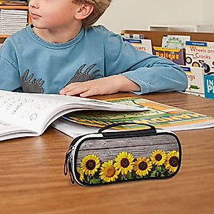 Autumn Sunflower Planks Printed Pencil Case Bag Stationery Pouch with Handle Portable Makeup Bag Desk Organizer