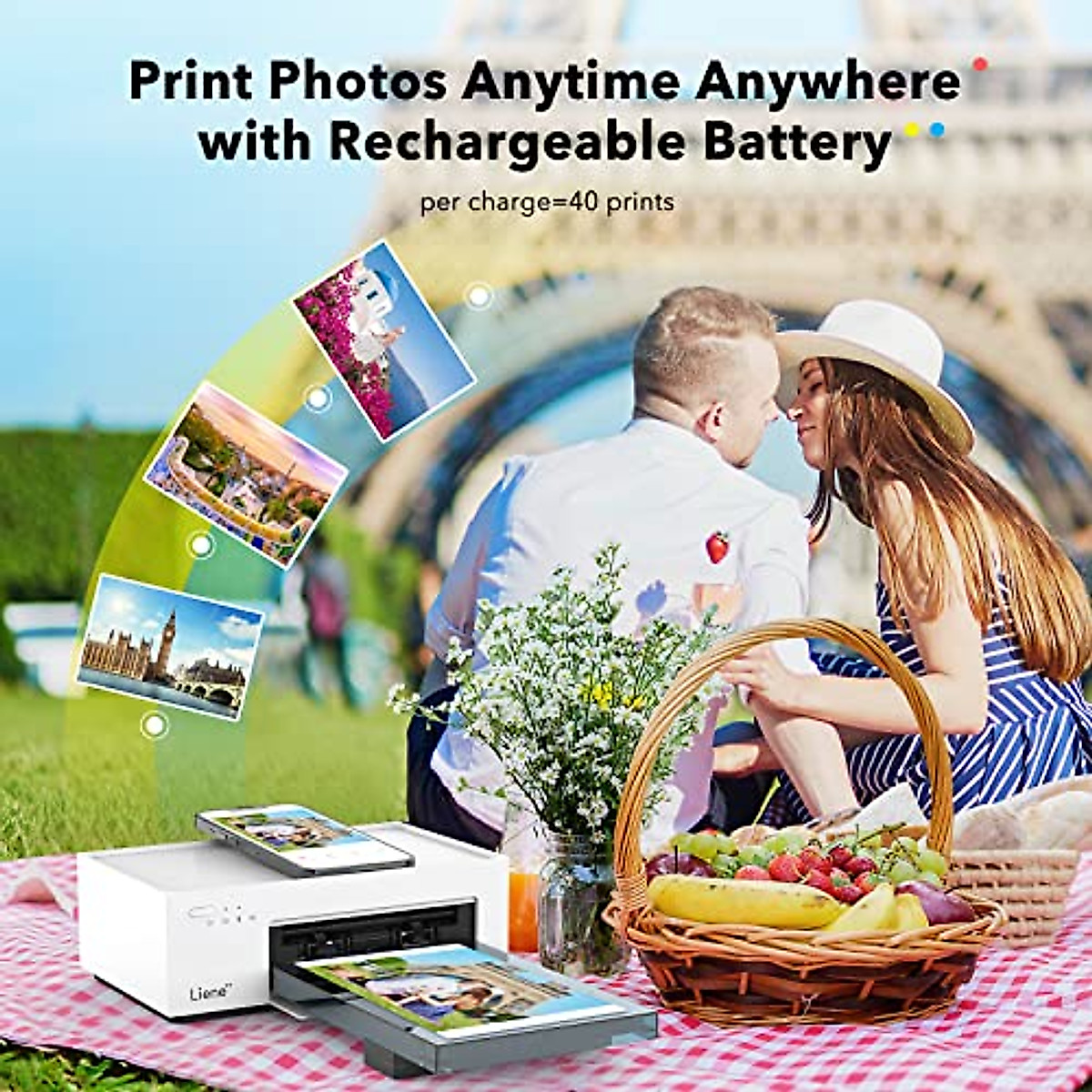 Liene White M200 4x6'' Photo Printer Battery Edition, Wireless Photo Printer for iPhone Android, Dye Sublimation Printing Full-Color Photo 20-Sheet, Portable Picture Printer Ideal for Travel Home Use