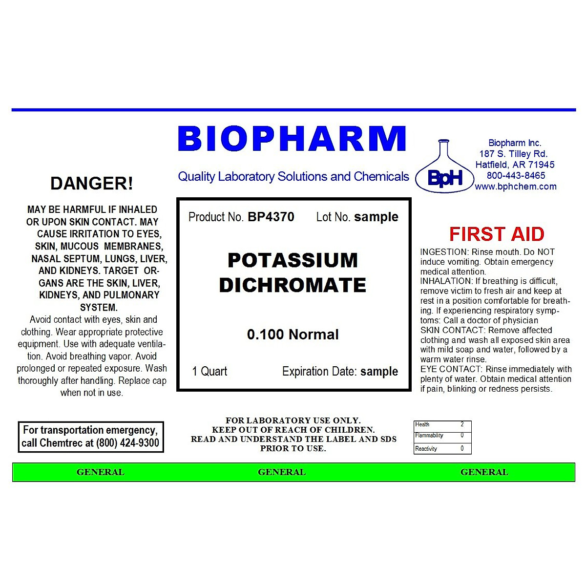 Potassium Dichromate 0.100 Normal Quart (950 mL)
