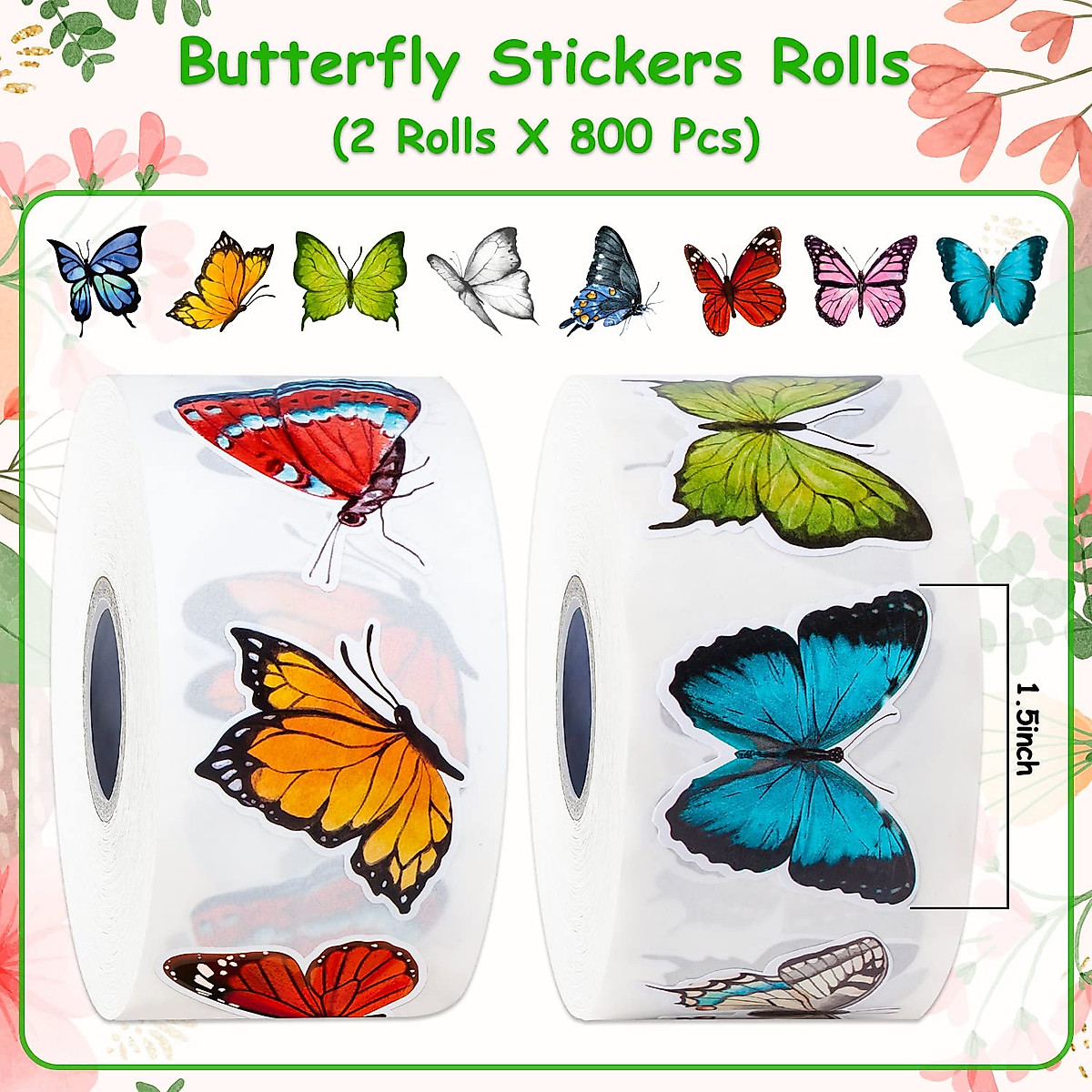 1600 PCS Butterfly Roll Stickers, 16 Styles Butterfly Stickers for Kids, Waterproof and Sun-Proof 3D Roll Stickers for Parties, Walls, Scrapbooks, Envelopes, Birthday and Greeting Cards