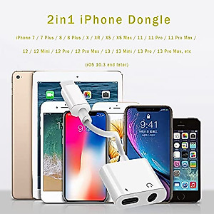 2 Pack Headphone Adapter for iPhone, [Apple MFi Certified] 2 in 1 Lightning to 3.5mm AUX Audio + Charger Splitter Compatible with iPhone 14/13/12/11/XS/XR/X 8/7/SE, Support Music Control(Not for Call)