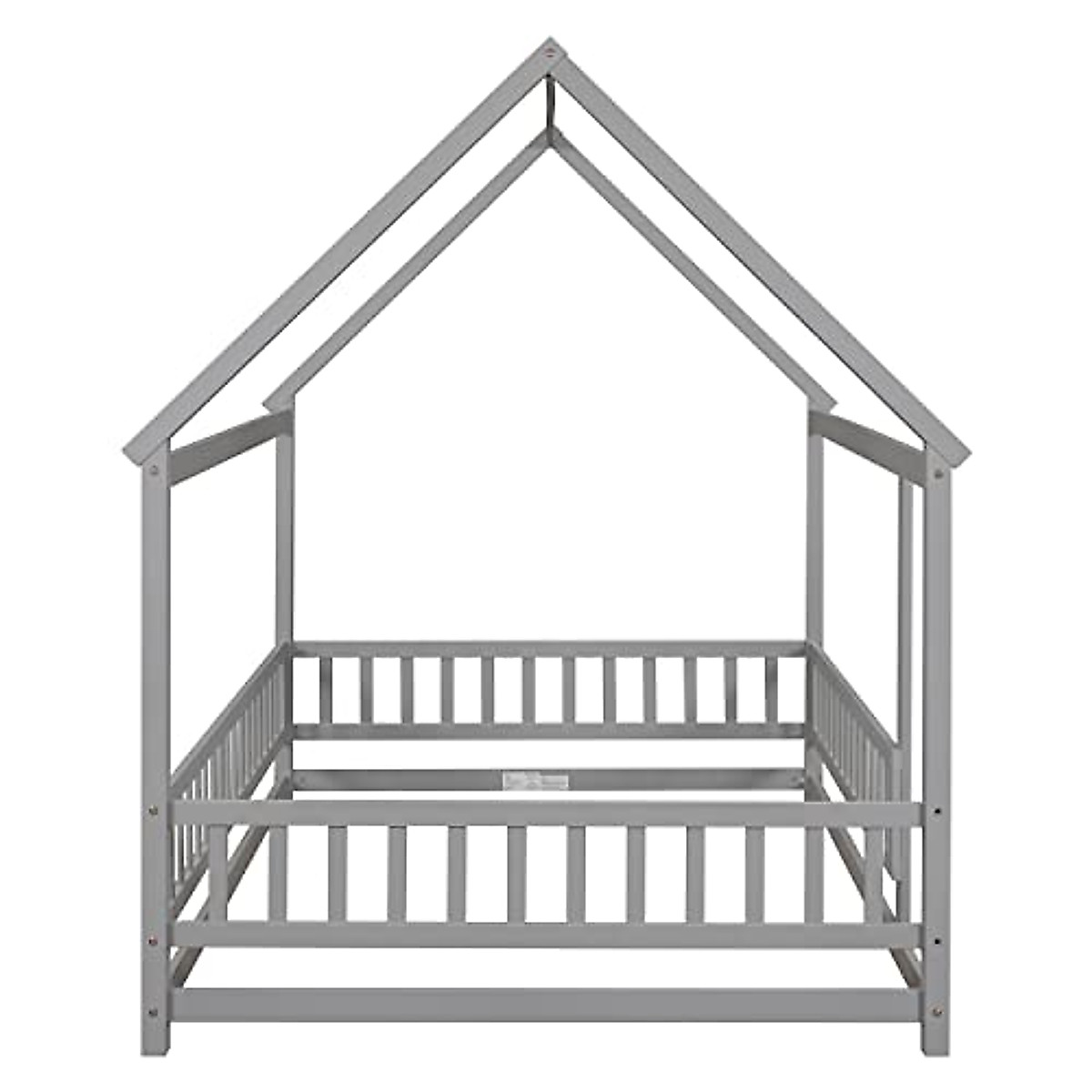 DEYOBED Full House Roof Floor Bed Frame - Wooden Bed with Fence Guardrails, Low Wooden Playhouse Bed for Girls and Boys, Gray Finish