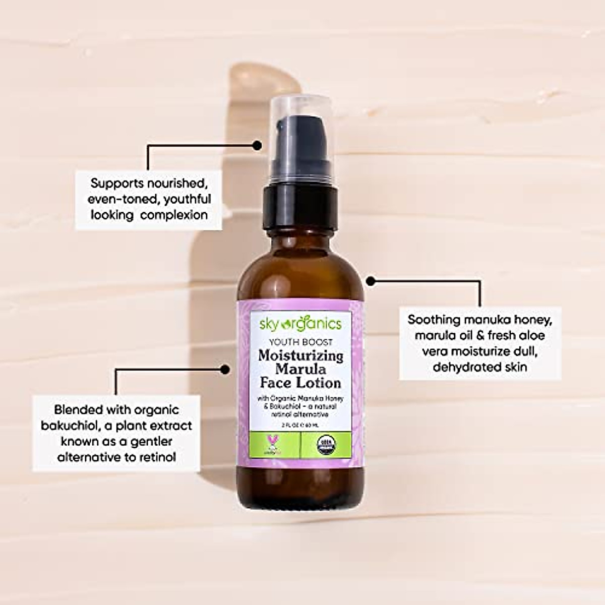 Sky Organics Youth Boost Moisturizing Marula Face Lotion for Face USDA Certified Organic to Moisturize, Nourish & Boost Glow, 2 fl. Oz