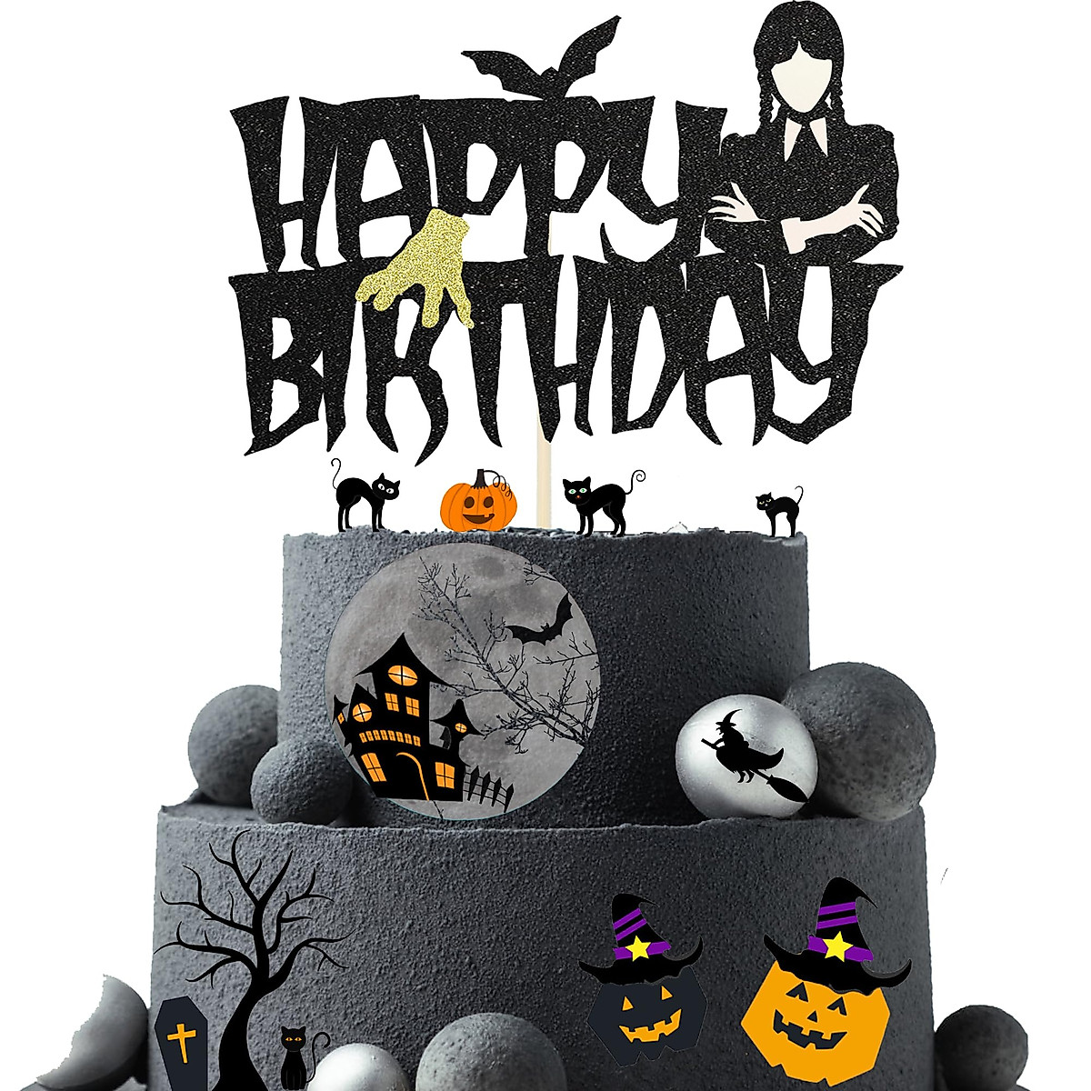 Sumerk 1 Pack Wednesday Addams Cake Decorations Wednesday Cake Topper Happy Birthday Family Party Supplies for Boys Girls Wednesday Theme Birthday Party Supplies