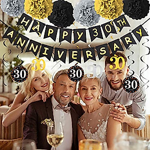 Yoaokiy 30th Anniversary Party Decorations Kit, 30th Wedding Anniversary Decorations Supplies, Including Gold Happy 30th Anniversary Banner / 9Pcs Hanging Swirl / 6Pcs Poms
