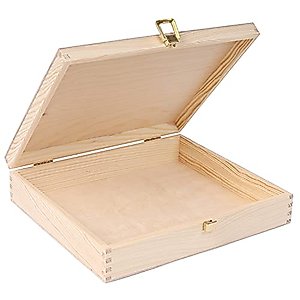 Creative Deco Wooden Storage Box Unpainted Plain | 11.41 x 9.84 x 2.55 in | Golden Latch & Lid | Perfect for Storing Valuables & Small Items in The Office or Bedroom | Keepsake Memory Trinket Chest