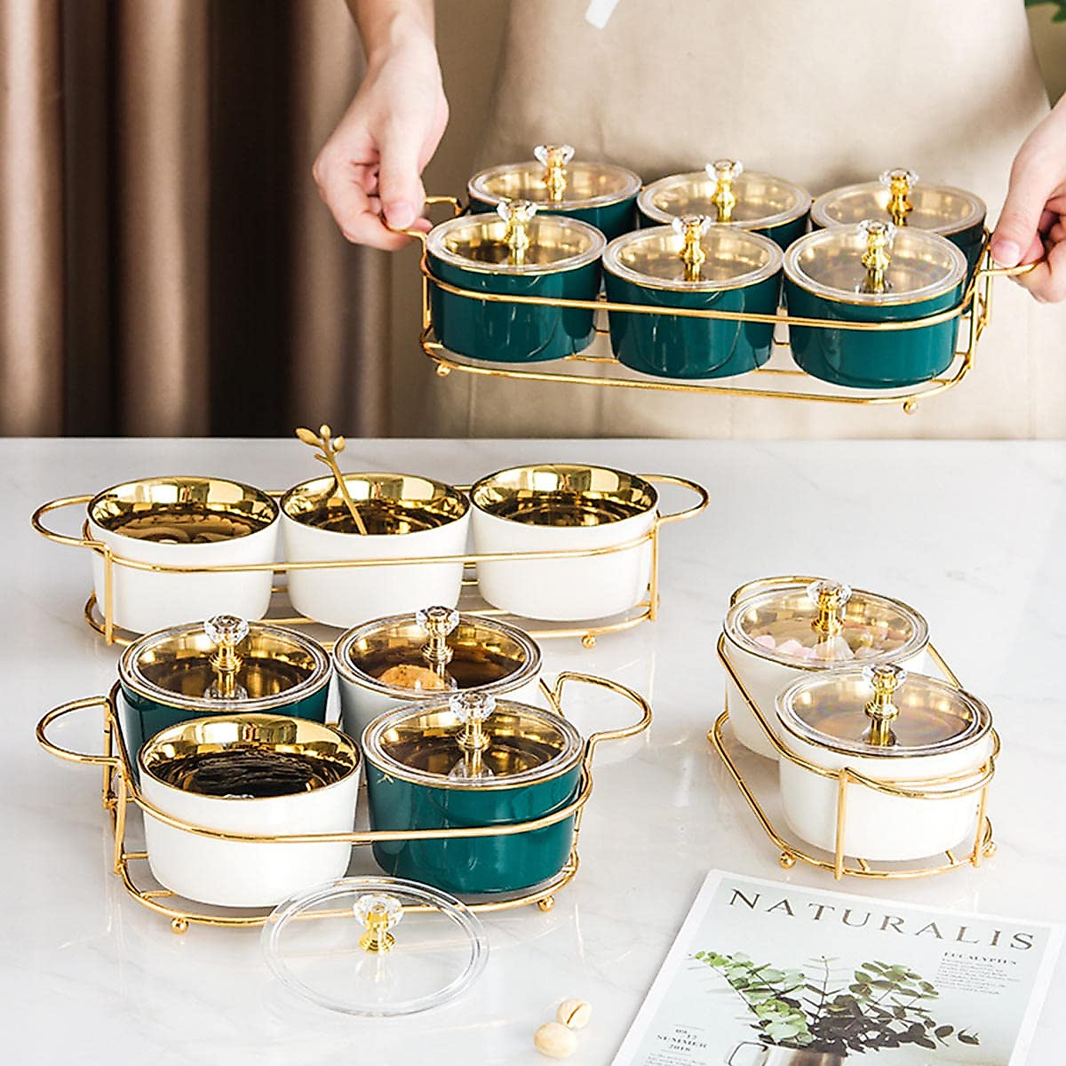 RUNLAIKEJI Ceramic Divided Serving Tray, Snack Serving Tray with Lid, Appetizer Serving Tray, Dip Trays for Parties, Removable Compartment Bowls for Snacks, Condiments, Food, Appetizers