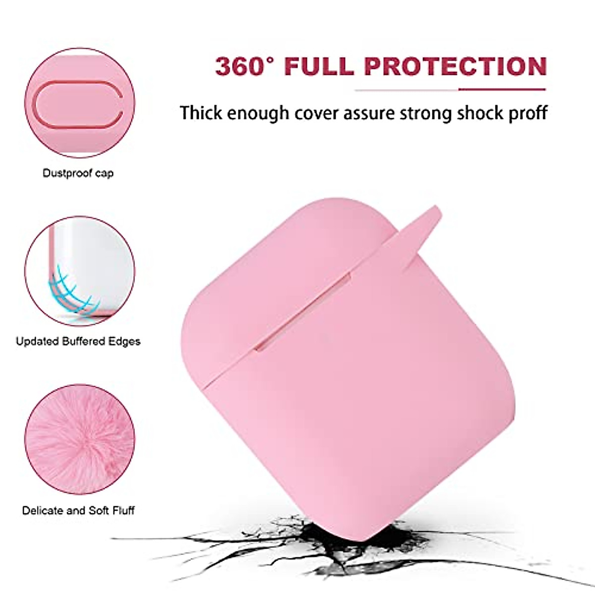 Pink Case for Women Cute Case Designed for AirPods Cover with Pom pom, Silicone Protective Keychain Case Compatible with AirPods 1/2, Accessories Keychain and Pom pom(Pink)