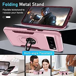 Janmitta for Google Pixel 8 Pro Case with Screen Protector + Camera Lens Protector,Heavy Duty Shockproof Full Body Protective Cover Built in Rotatable Metal Ring Holder Kickstand,2023 Cute Pink