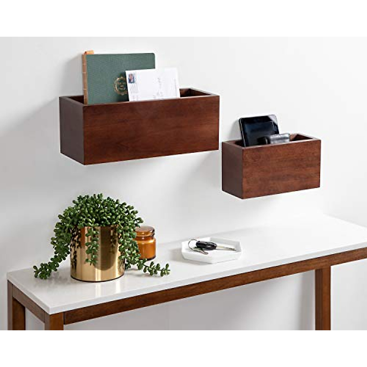 Kate and Laurel Domio Mid-Century Pocket Wall Organizer, Set of 2, Walnut Brown, Wood Office Organizer for Wall