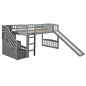 Harper & Bright Designs Loft Bed with Slide and Stairs Wood Twin Size Loft Bed Frame with Storage for Kids Boys Girls, Gray