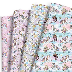 Dtiafu Unicorn Wrapping Paper - 12 Sheets Birthday Wrapping Paper for Girls Kids - Unicorn Princess Rainbow Mermaid Scale Gift Wrap in Pink Purple - 20 X 28inch Per Sheet