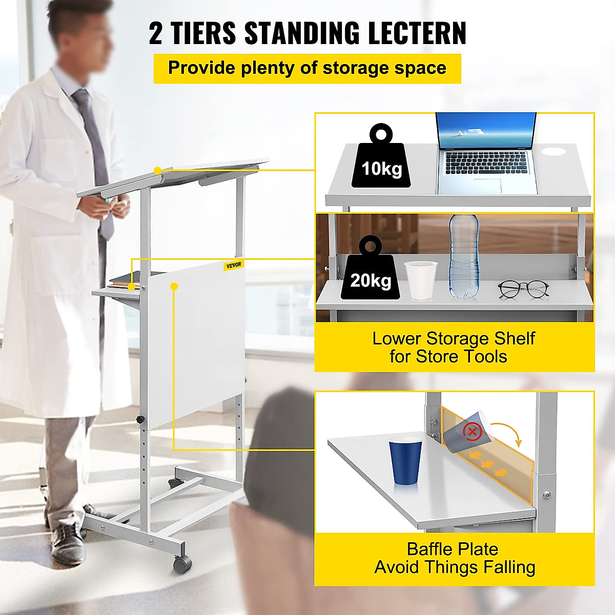 VEVOR Stand Up Lectern, Height Adjustment Portable Pulpit, Lectern Podium with 4 Rolling Casters, Lower Storage Shelf Floor Lectern Podium, White Lecterns & Podiums for Classroom, Concert, Church