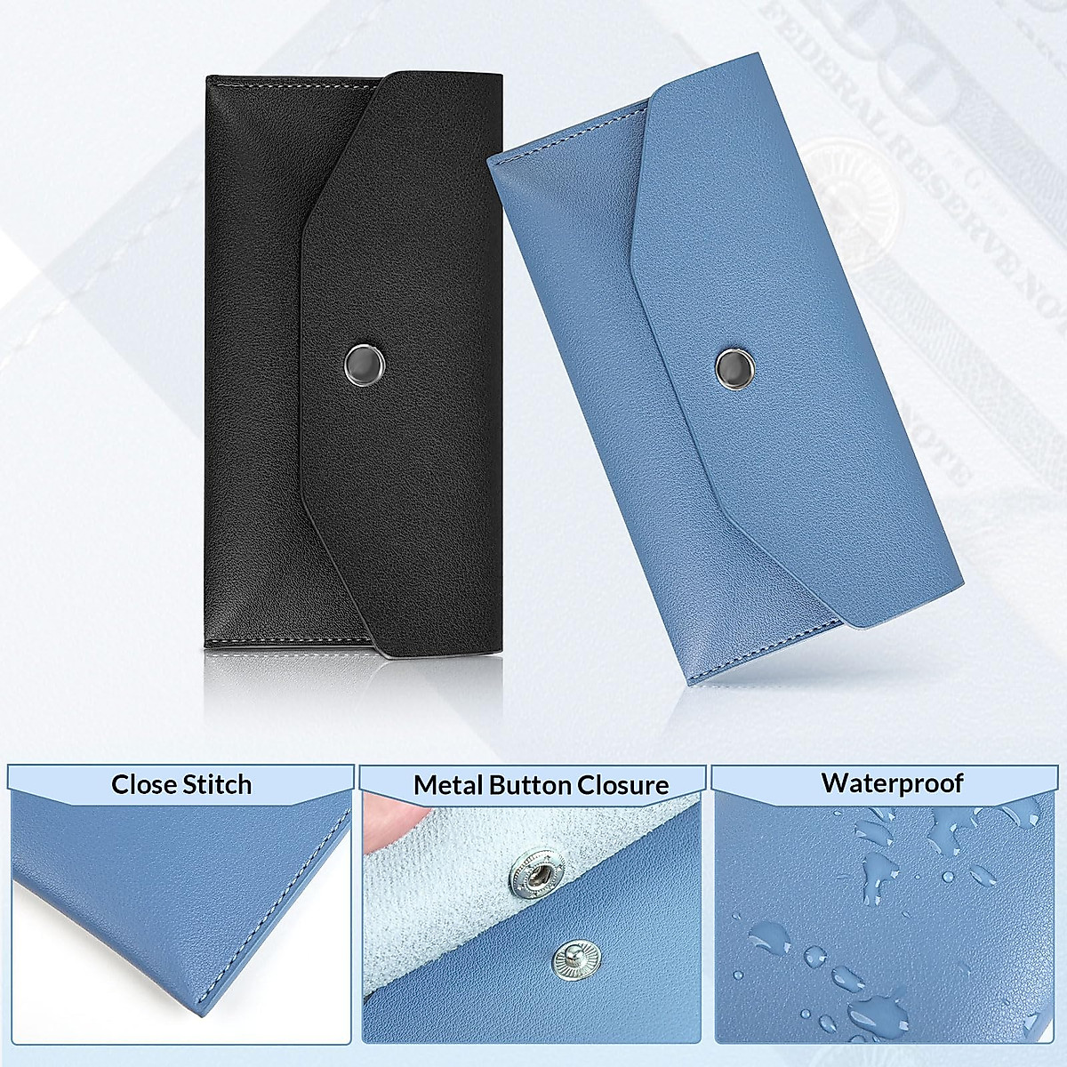SKYDUE Cash Envelopes, PU Leather Money Envelopes for Cash, Reusable Money Pouch Bag for Cash Saving, Waterproof Cash Envelope Wallet, Budget Cash Envelopes, 2 Pieces (Blue & Black）
