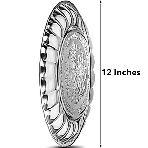 DEAYOU 8 Pack Stainless Steel Round Plates, 12" Large Dinner Plate for Eating, Kids, Stainless Steel Charger Plate, Vintage Feeding Serving Camping Plate Dish for Fruit, BBQ, Flower Pattern