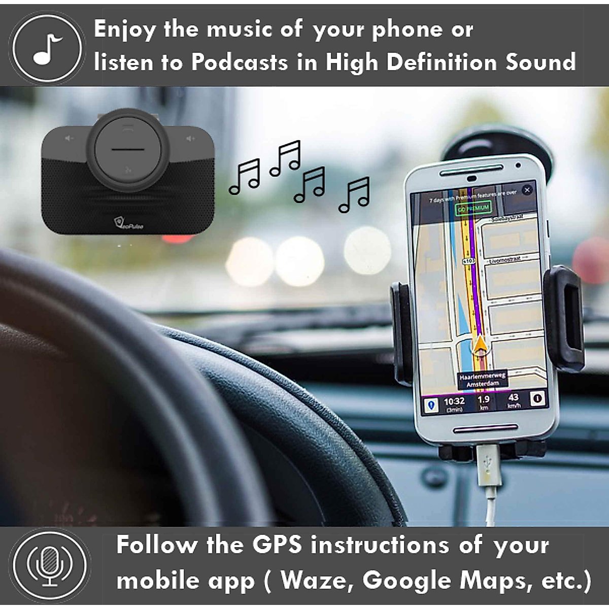 VeoPulse Car Speakerphone B-PRO 2B Hands-Free kit, 6W Hi-Fi Speakers, with Bluetooth Automatic multipoint Cellphone Connection