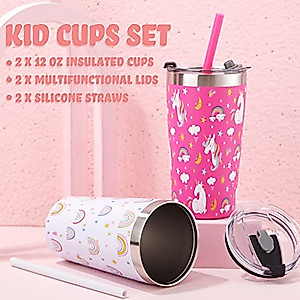 Shellwei 2 Pack Kids Cups with Lids and Straws Toddler Smoothie Cup with Rainbow Unicorn Pattern Leak Proof Spill Proof Straw Cups for Girls Stainless Steel Insulated Tumbler for Hot Drink (12 oz)