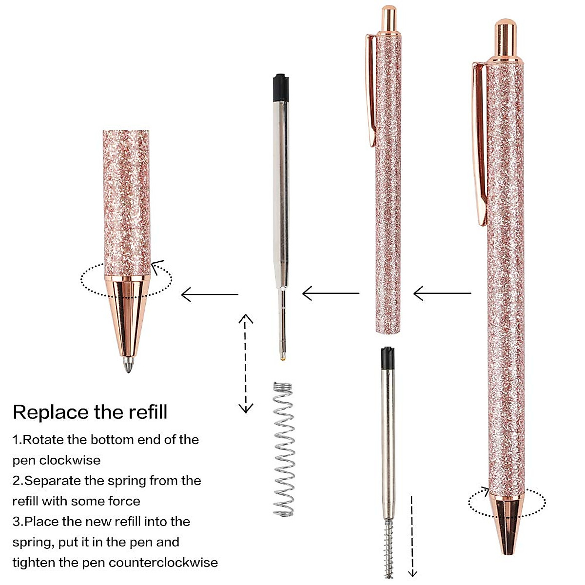 JPSOR 8pcs Glitter Pens, Glitter Ballpoint Pens with Replacement Refills, Black Ink Medium 1mm Fancy Pen for Girls School and Office