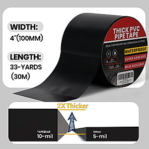 TAPEBEAR Corrosion Protection Pipe Tape, 10mil Pipe Wrap Tape for Drain Pipe, Metal Electrical Outdoor Underground Pipe, Waterproof PVC Black Tape Thicker for Hose Leak Proof, 4Inch x 33Yard