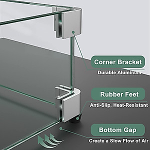 GASPRO 38.5 x 7.5 Inch Glass Wind Guard and 10LB Caribbean Blue Fire Glass Beads for Rectangular Fire Pit Table, with Hard Aluminum Corner Bracket & Rubber Feet, Easy to Assemble