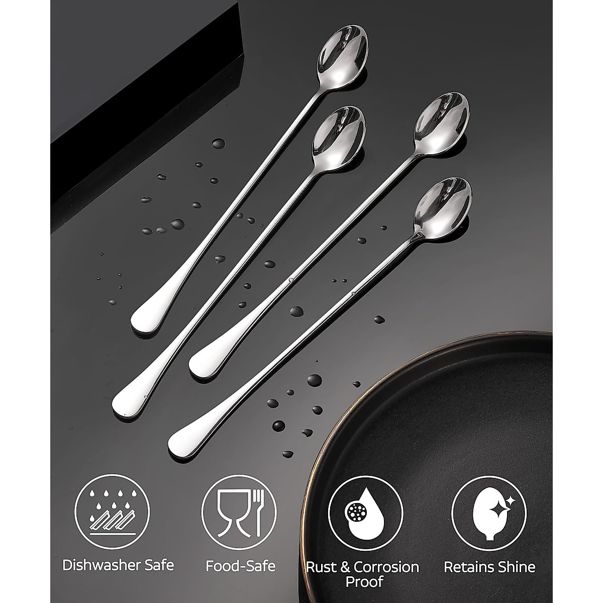 Lovingly Yours 9.5-Inch Long Handle Spoon, Ice Tea Spoons, Ice Cream Spoon, Long Coffee Spoons, Stainless Steel Stirring Spoons, Set of 4