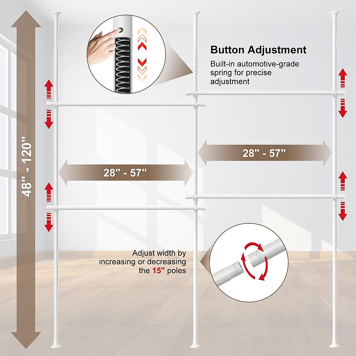 Closet Organizer Clothes Rack, Heavy Duty 4-Tier Adjustable Free Standing Laundry Drying Garment Rack, Floor to Ceiling Clothing Hanger Tension Rod Closet System Wardrobe Storage Matt White