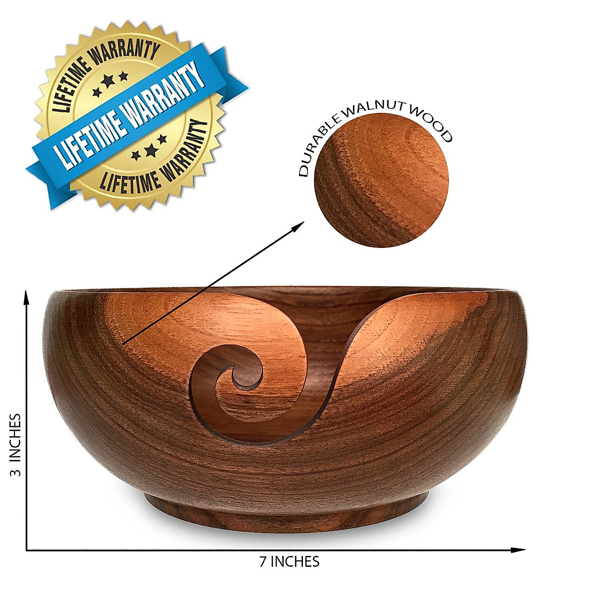 Yarn Bowl Walnut 7"X3" - Wooden, Handmade from Special European Walnut Wood - Storage Organizer, Holder for Knitting and Crochet by Yarn Story
