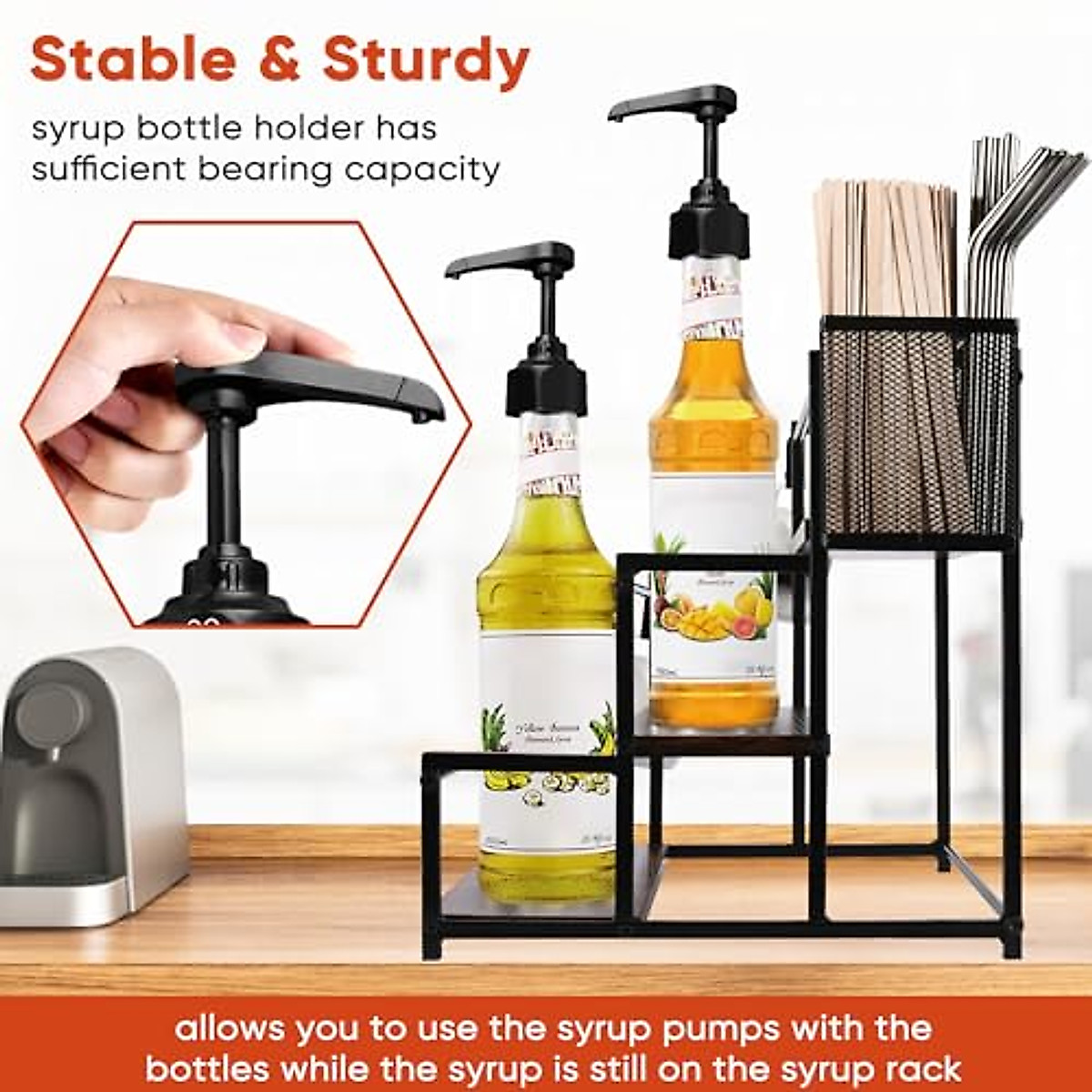 GADFISH Coffee Syrup Rack Organizer, 3 Tier Syrup Bottle Holder Stand for Coffee Bar, 12 Bottles Storage Shelves for Syrup, Wine, Dressing for Kitchen Coffee Station Countertop Tabletop Wine Rack