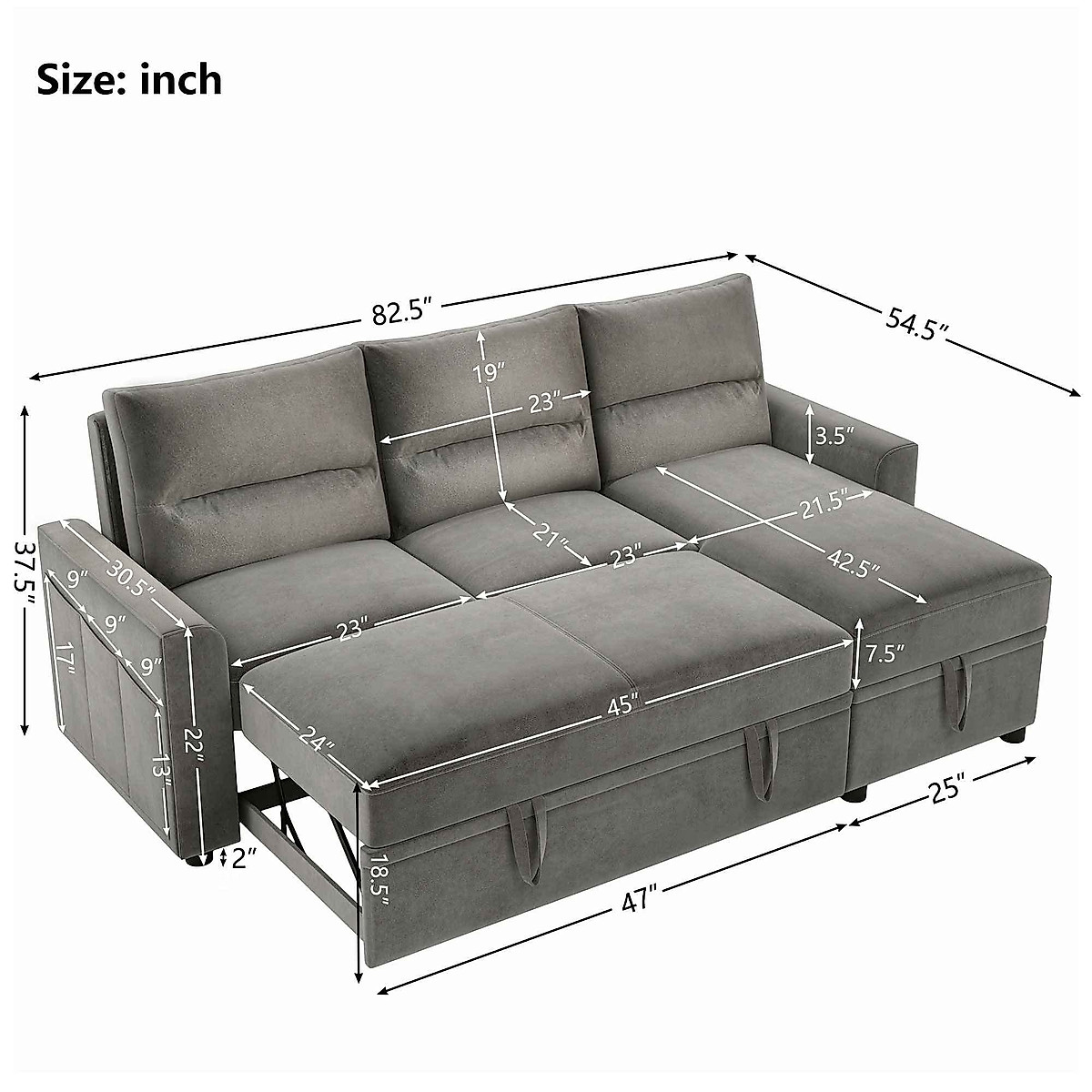 ATY Reversible Sectional Sofa Bed with 2 Pull-Out Sleepers, L-Shape Corner Couch with Storage Chaise, 3 Seat Both Left Right Handed with loveseat, 82.1 Grey Brown