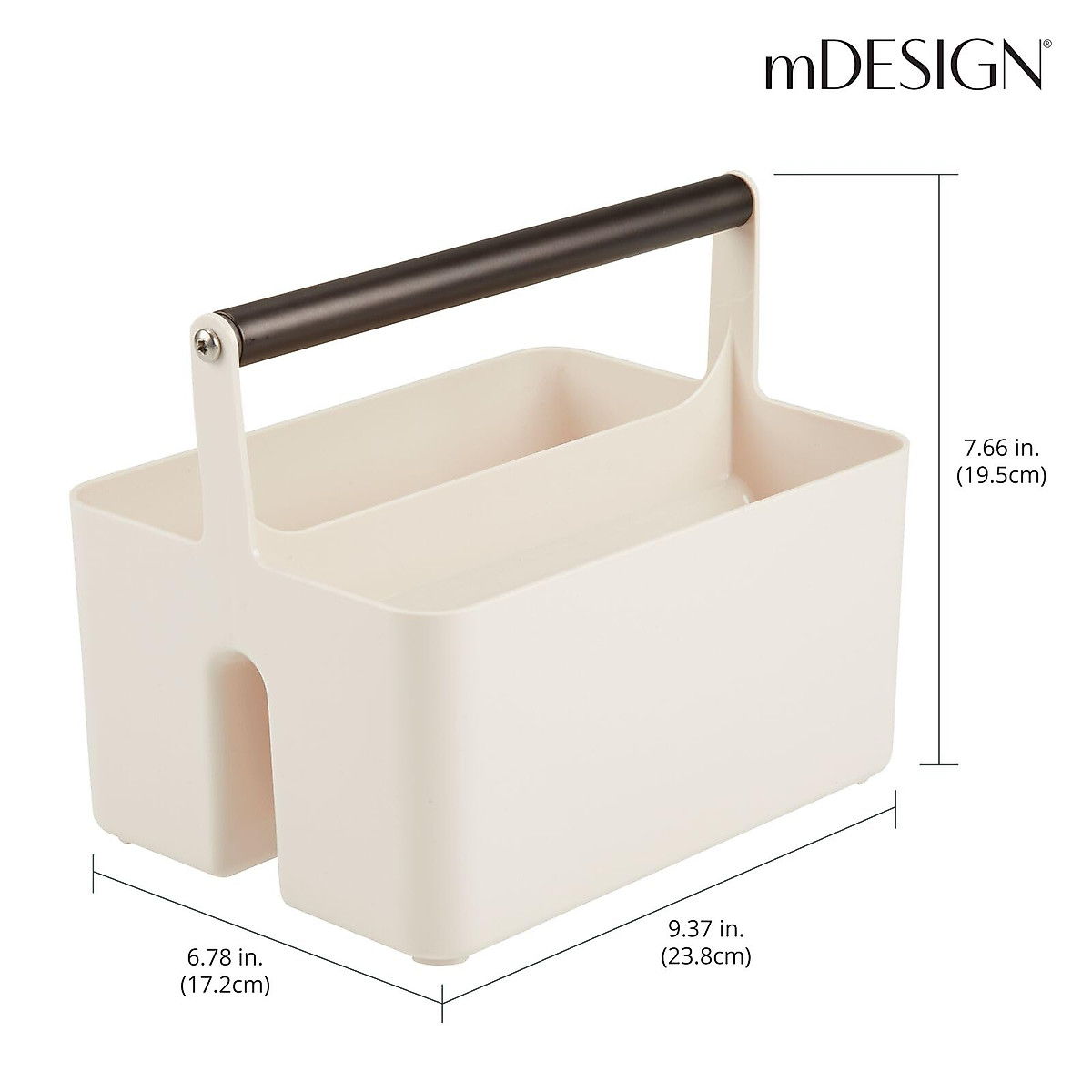 mDesign Plastic Shower Caddy Storage Organizer Utility Tote, Divided Basket Bin - Metal Handle for Bathroom, Dorm, Kitchen, Holds Soap, Shampoo, Conditioner - Aura Collection - Cream/Bronze