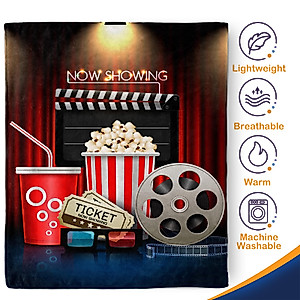 Movie Night Popcorn Gifts Blanket - Retro Movie Theater Reel Theme Throw for Adults Kids Movie Lover Actor Home Film Cinema Decor Soft Fuzzy Cozy Birthday Christmas Lightweight Blanket 50"x60"