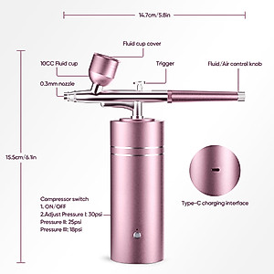 Airbrush for Nails Cordless Portable Airbrush Kit with Compressor 30PSI High-Pressure Rechargeable Air Brush Spray Machine with 0.3mm Nozzle for Painting Makeup Model Barber Cookie Cake (Pink)