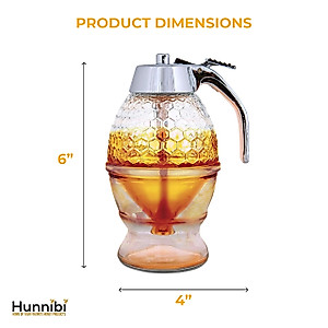 Hunnibi Honey Dispenser No Drip Glass - Maple Syrup Dispenser Glass - Beautiful Honey Comb Shaped Honey Pot - Honey Jar with Stand, Great Bee Decor