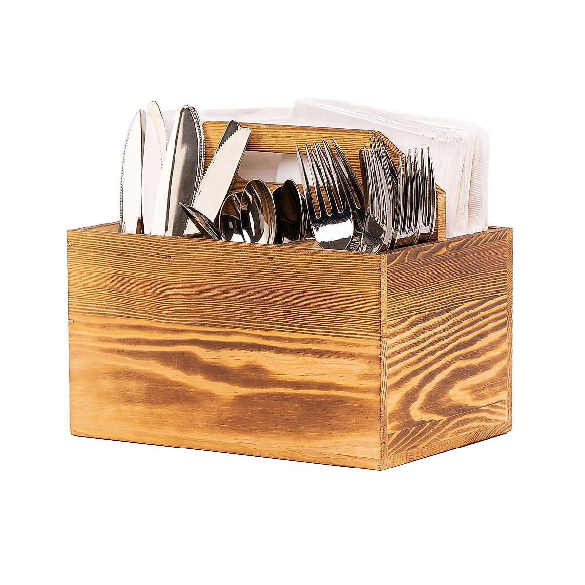 Utensil and Napkin Holder Flatware Caddy with Handle in Rustic Wood for Forks, Spoons and Knives, Silverware Organizer