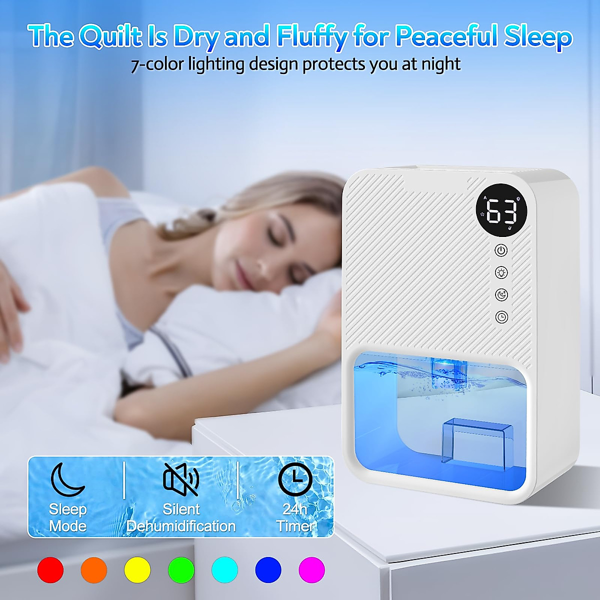 Ssoiew 128 OZ Dehumidifier for Bedroom, 592 Sq.ft Semiconductor Silent Dehumidifier with 7-Color Light, Timer, Sleep Mode, Auto-Shutoff, Small Dehumidifier for Bathroom, Basement, Closet, RV, white