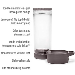 Press and Go Iced Tea Tumbler For Loose Leaf or Bagged Teas, Double Wall Travel Tea Mug with Stainless Steel Infuser, Leakproof, Dishwasher Safe