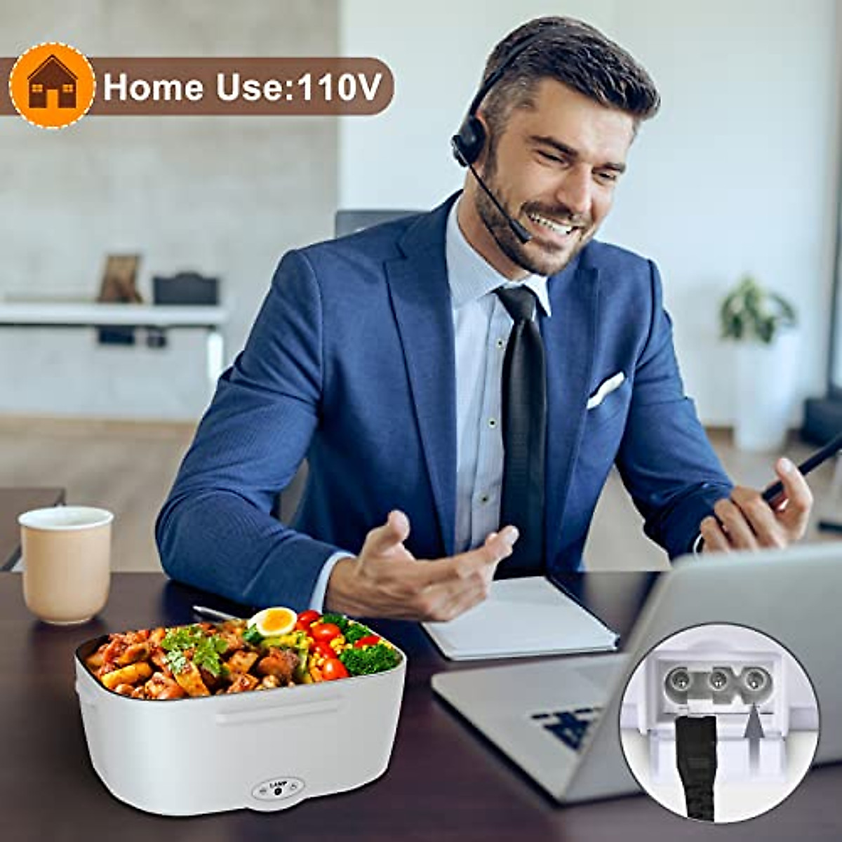 Akhia Electric Lunch Box Food Heater, 80W Heated Lunch Boxes for Adults Man Work Car Truck, Food Warmer Heating Lunch Box with 1.5L 304 Stainless Steel Container, 12V/24/V/110V