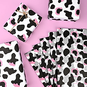 100 Sheets 20 x 14 Inch Pink Cow Girl Tissue Paper for Gift Bags, Pink Black Cow Print Gift Wrap Tissue Paper for Birthday, Baby Shower, Cow Theme Western Party DIY Craft