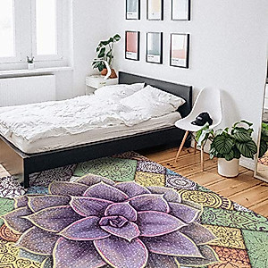 Mandala Pattern Backdrop Purple Succulent Pot Plant Area Rug 2'7"x5',Outdoor Indoor Small Carpet Runner for Kids Teen Girls Boys Bedroom,Living Room,Bathroom,Classroom,Office,Kitchen,Washable Area+Rug