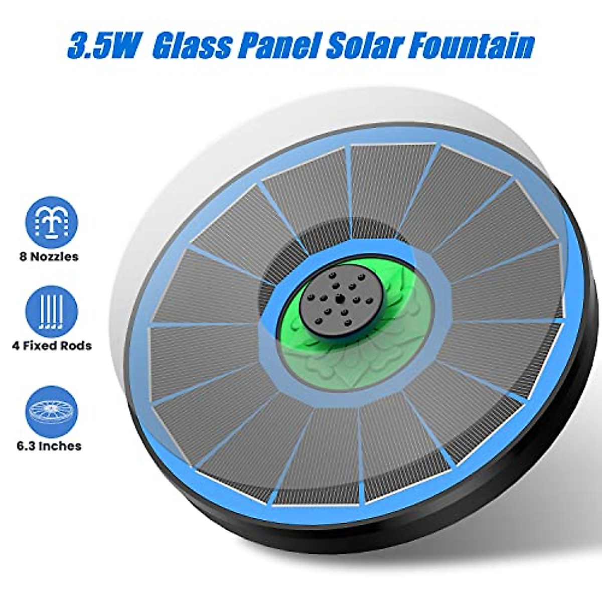 Yzert Solar Fountain Pump Full Glass Blue Panel No Battery, 3.5W Solar Bird Bath Fountains with 4 Fixed Rods & 8 Nozzles, 2023 Bird Bath Fountains Solar Power for Outdoor, Garden, Pond, Pool