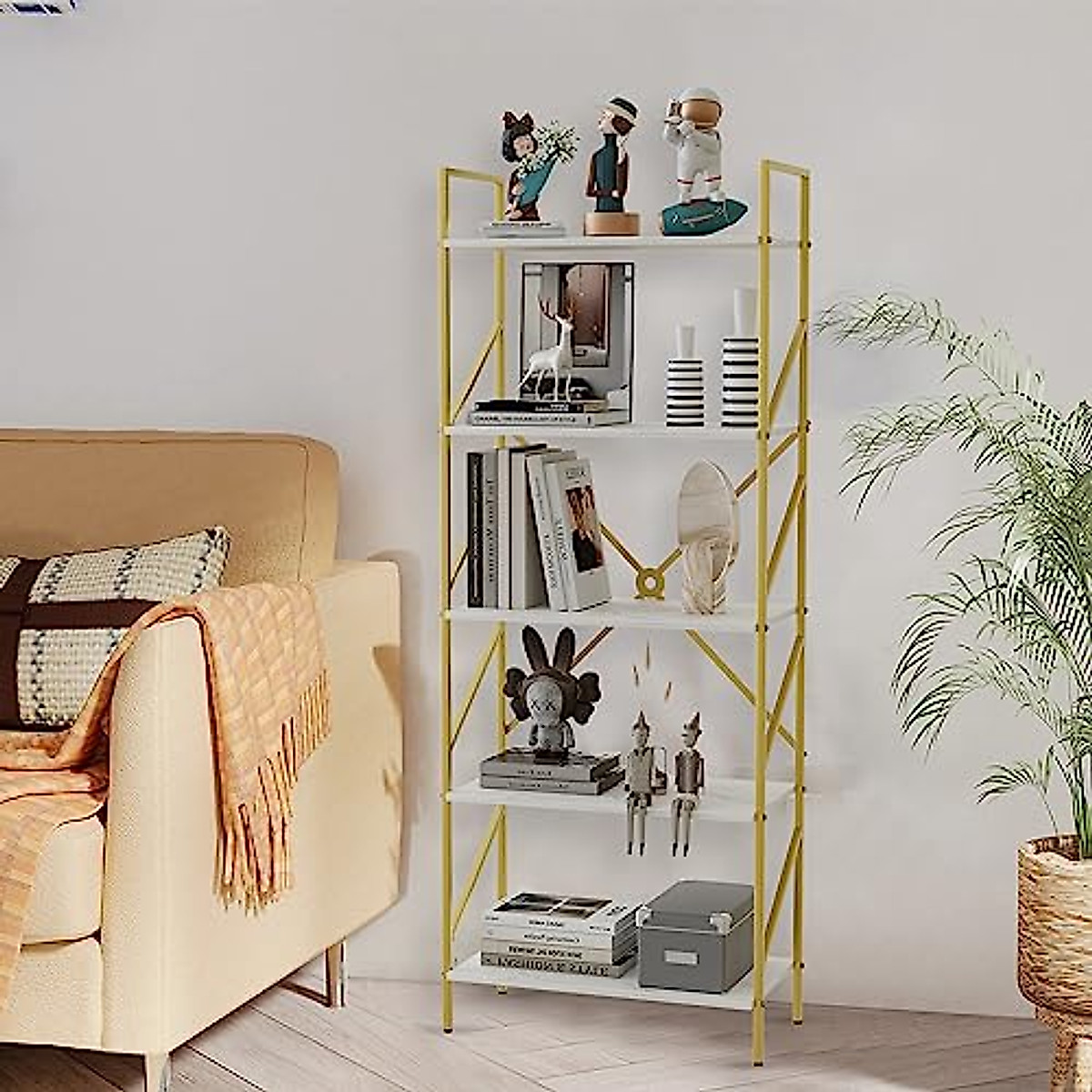 5 Tiers Bookshelf Tall Bookcase Shelf Storage Organizer Industrial Open Shelving Wood Large Modern Bookshelf for Living Room/Bedroom/Home/Office, White