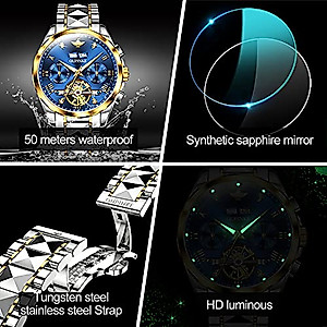 OUPINK Automatic Watches for Men Luxury Mechanical Tungsten Steel Casual Luminous Wristwatch Waterproof Sapphire Calendar Watches Blue