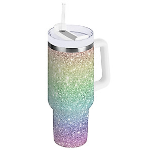 Wfrish Rainbow Shiny Glitter Stripes 30 oz Tumbler with Handle and Straw Lid, Sparkle Insulated Coffee Cup Reusable Stainless Steel Water Bottle Travel Mug Cupholder Friendly,Gifts for Women Men