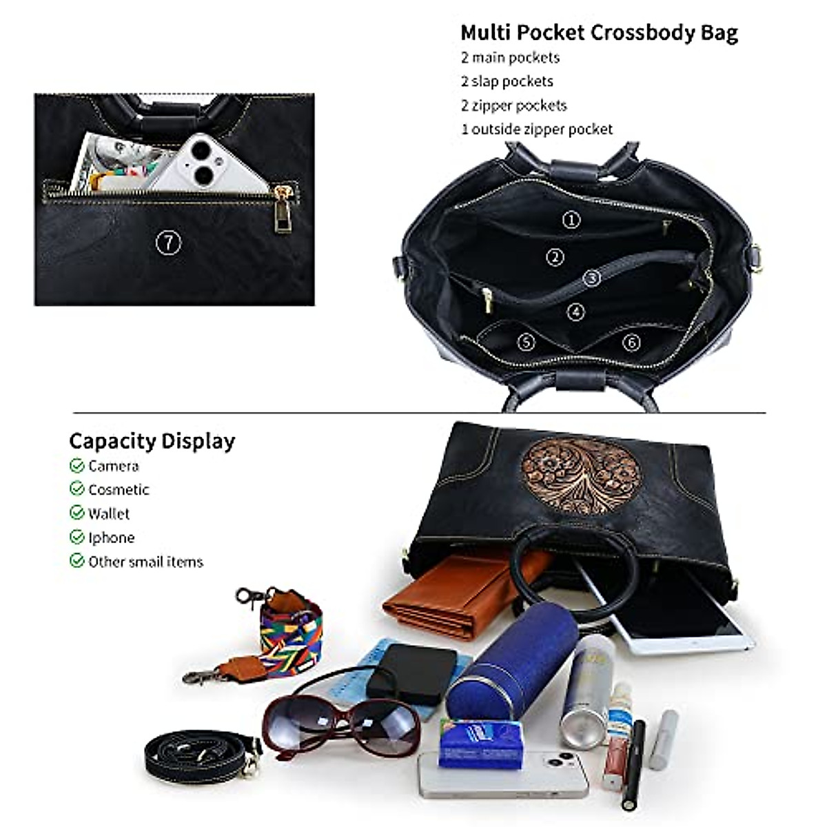 Purse And Handbags for Women Shoulder Bags Top Handle Medium Satchel Vintage Embossing Crossbody Bag (black)