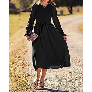 dowerme Women Casual Petal Long Sleeve Crewneck Smocked A-Line Flowy Solid Maxi Dress Fall Winter Party Cocktail Dresses(Solid Black,Large)