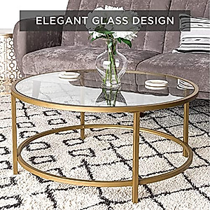 Best Choice Products 36in Modern Round Tempered Glass Accent Side Coffee Table for Living Room, Dining Room, Tea, Home Décor w/Satin Trim, Metal Frame, Non-Marring Foot Caps - Bronze Gold
