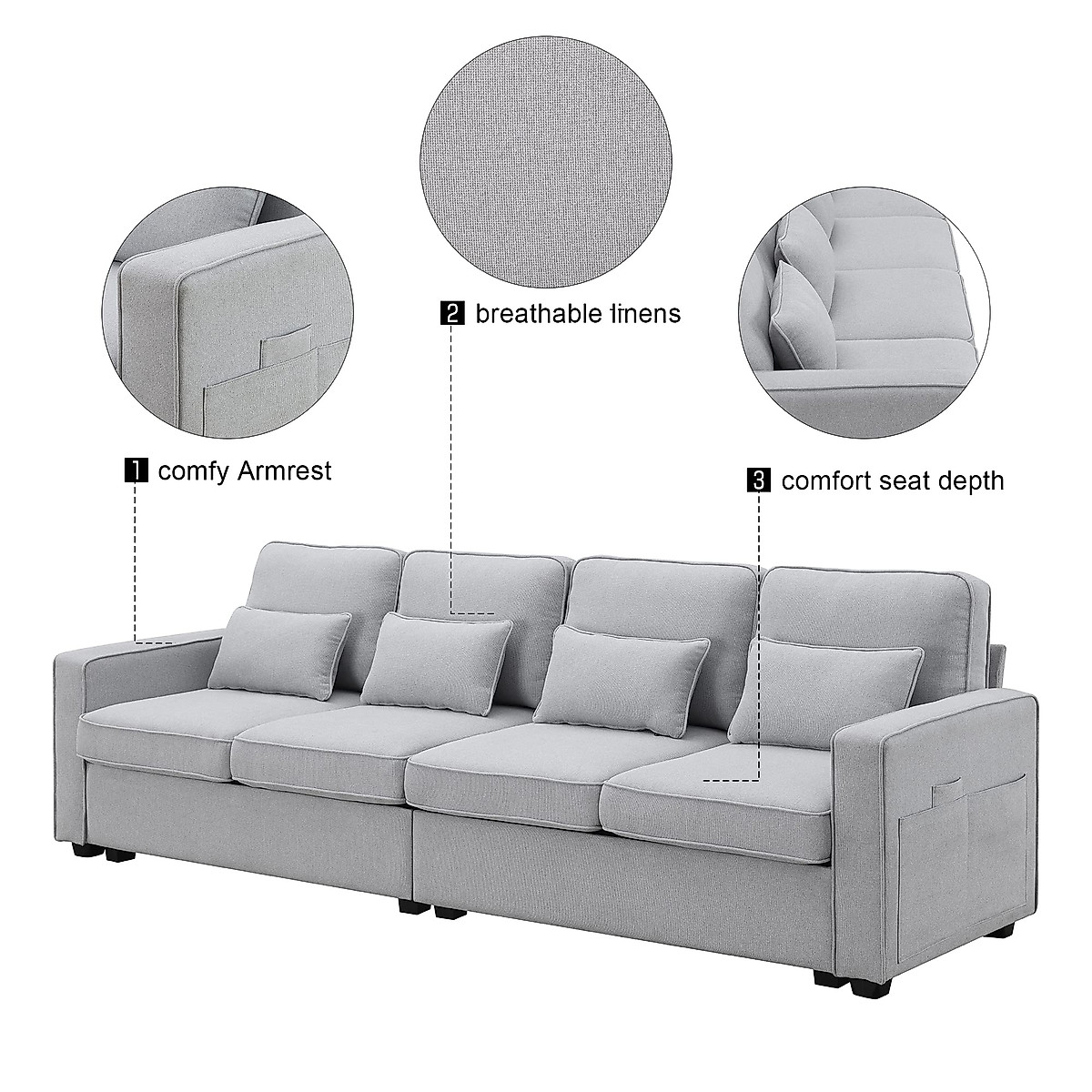 Favfurish 104" 4-Seater Modern Linen Fabric Sofa with Armrest Pockets,Minimalist Style Wood Frame Couch,w/ 4 Pillows,for Living Room,Apartment,Office,Light Grey
